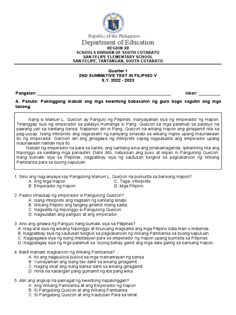2nd Summative Test in Filipino SY 2022-2023 | PDF