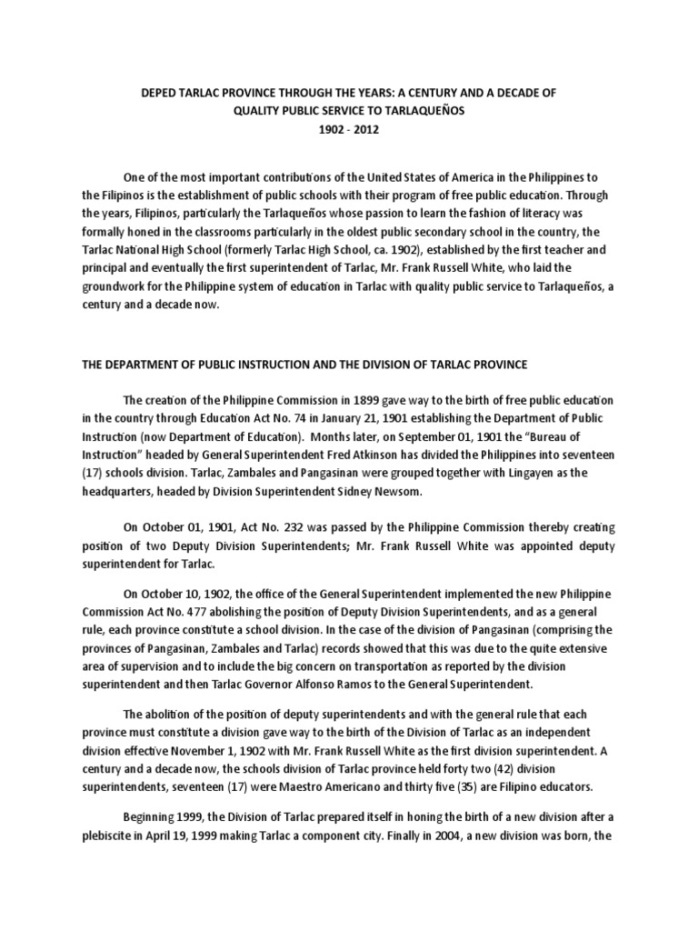 History of The DepEd Tarlac Province 1902 2012 | PDF | Social Science ...