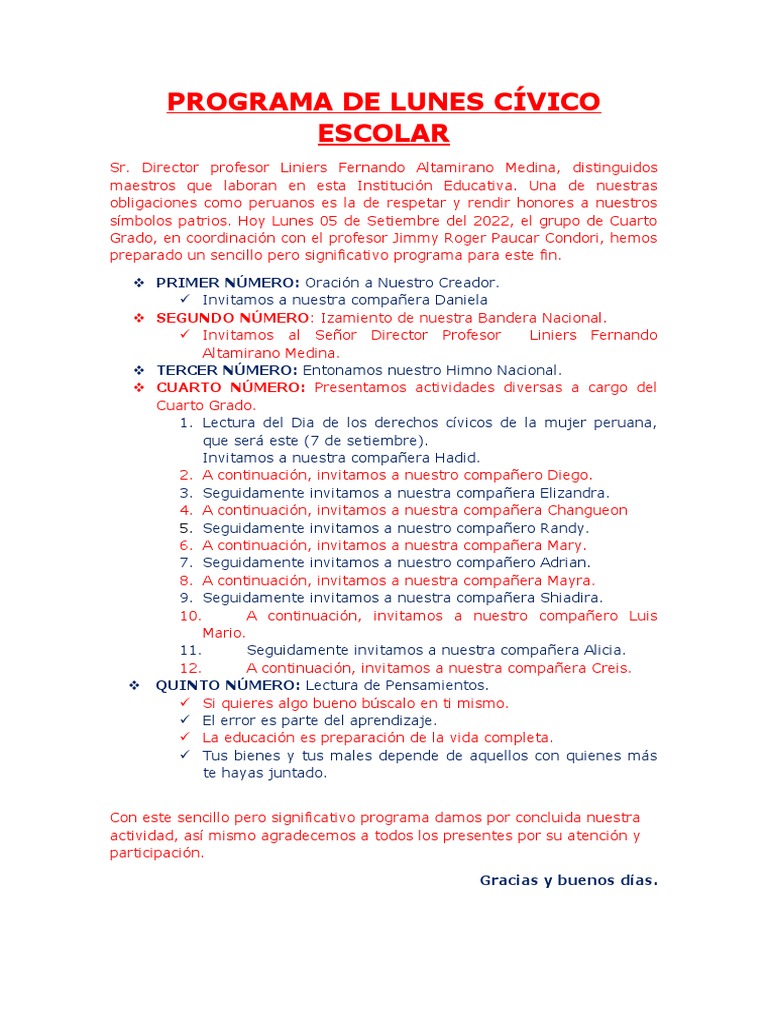 Programa de Lunes Cívico Escolar | PDF | Mujer | Feminismo