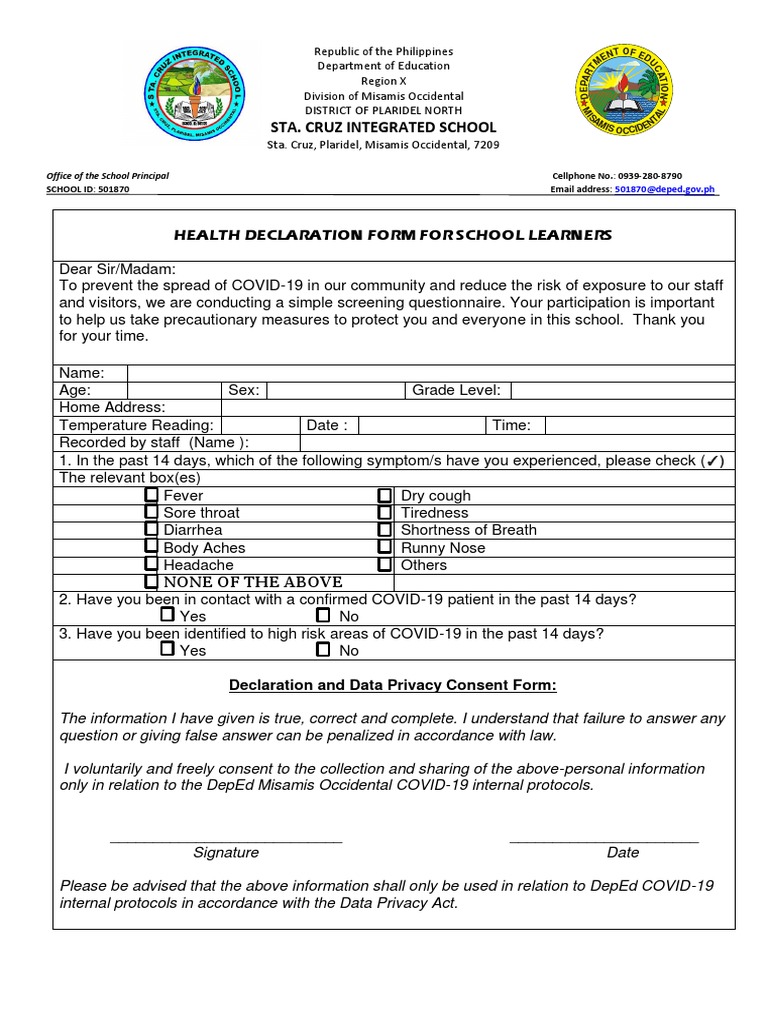 COVID-19 Health Form for Students | PDF | Public Health | Causes Of Death