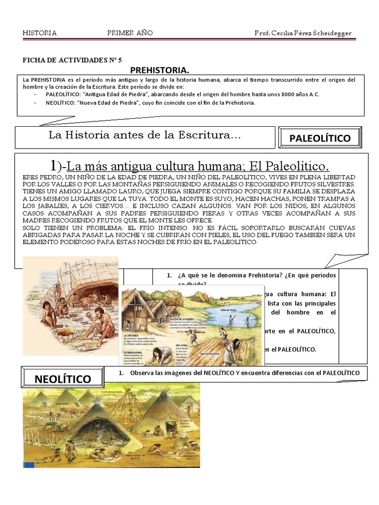 FICHA de ACTIVIDADES #5 Prehistoria Paleolítico y Neolítico | PDF | Neolítico | Paleolítico