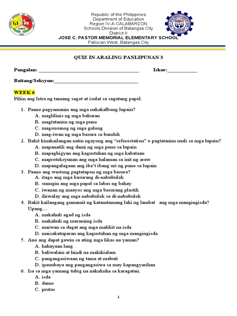 Quiz in Araling Panlipunan 3 Pangalan: - Iskor: - Baitang/Seksyon: - Week 6 | PDF