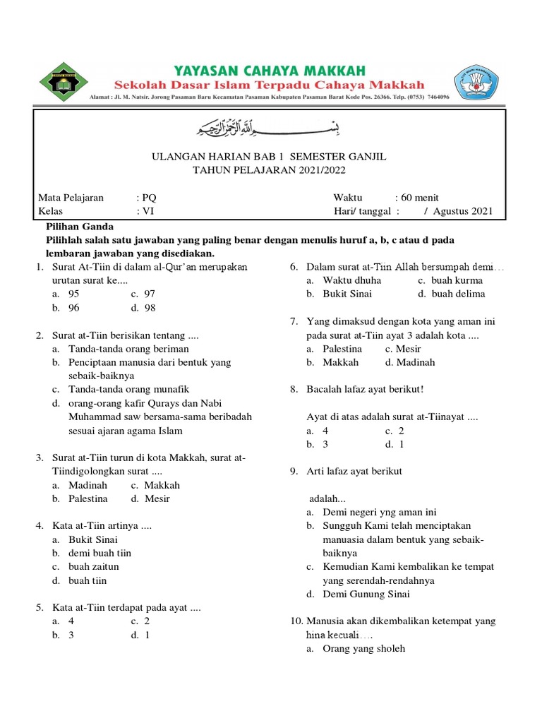 SOAL UH PQ Bab 1 KELAS 6 SDIT CAHAYA MAKKAH 2021 | PDF
