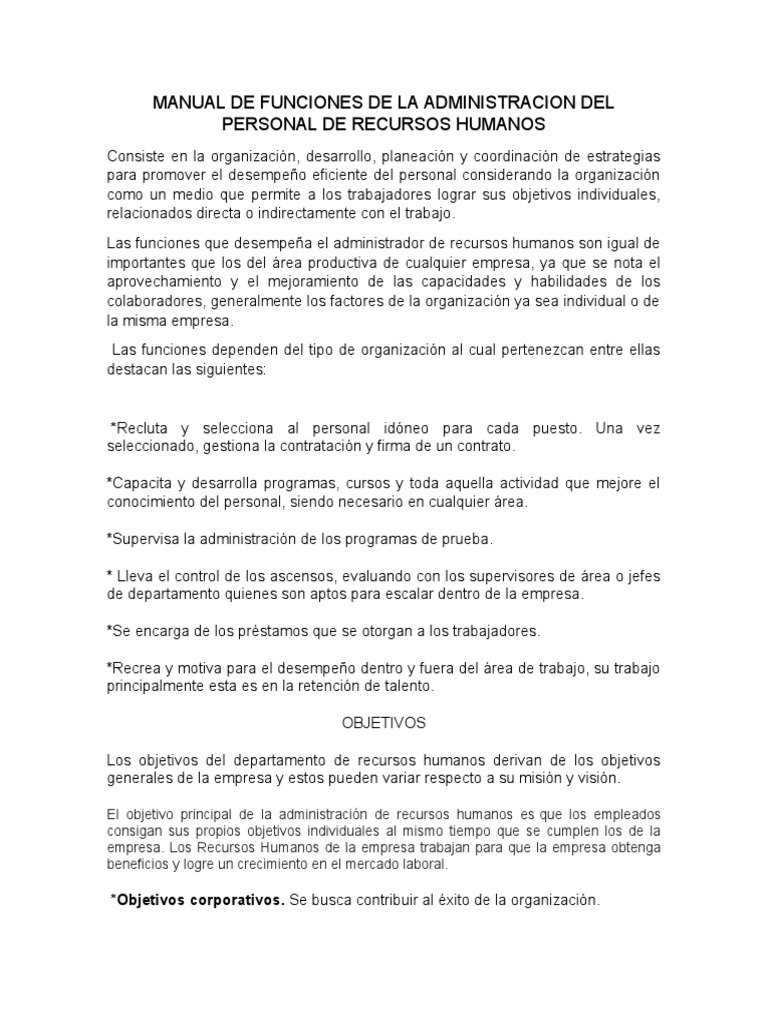Manual de Funciones de La Administracion Del Personal de Recursos Humanos | Descargar gratis PDF ...