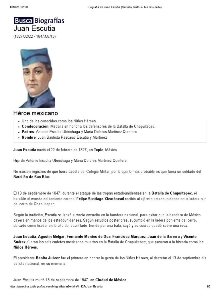 Biografía de Juan Escutia, Niño Héroe | PDF | Batallas | Conflictos