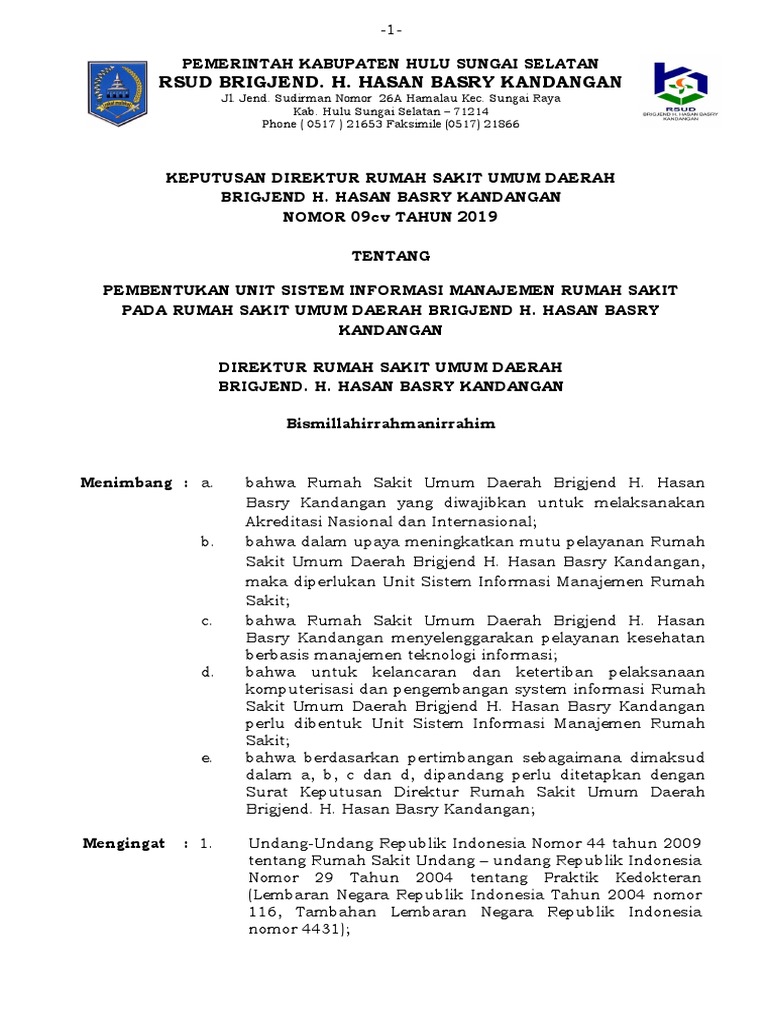 SK Pembentukan Unit SIMRS 2019 | PDF