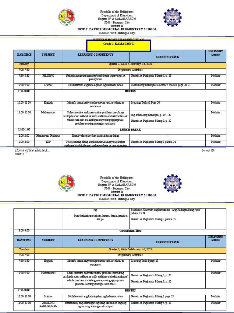 Weekly Home Learning Plan for Grade 3 Students of Jose C. Pastor Memorial Elementary School ...