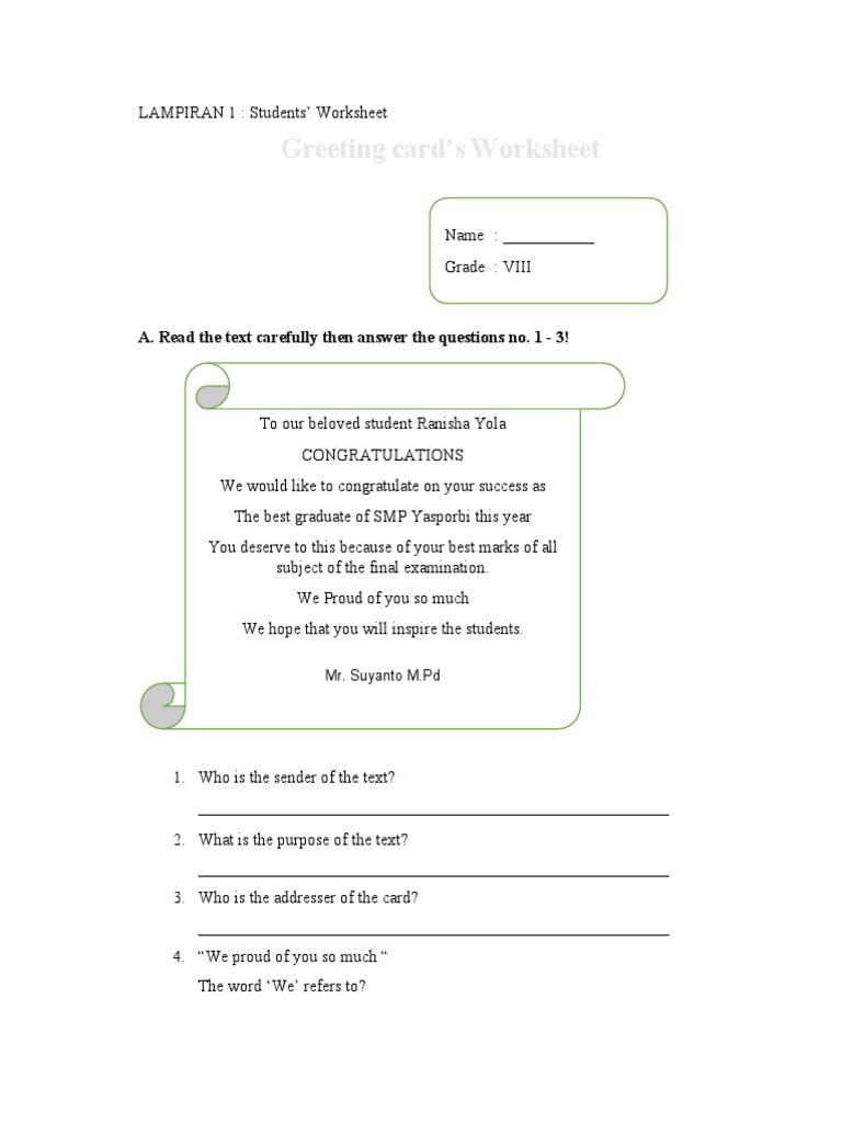 Greeting Card's Worksheet | PDF | Self-Improvement