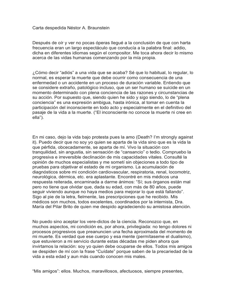 Carta Despedida Néstor Braunstein | PDF | Sigmund Freud | Muerte