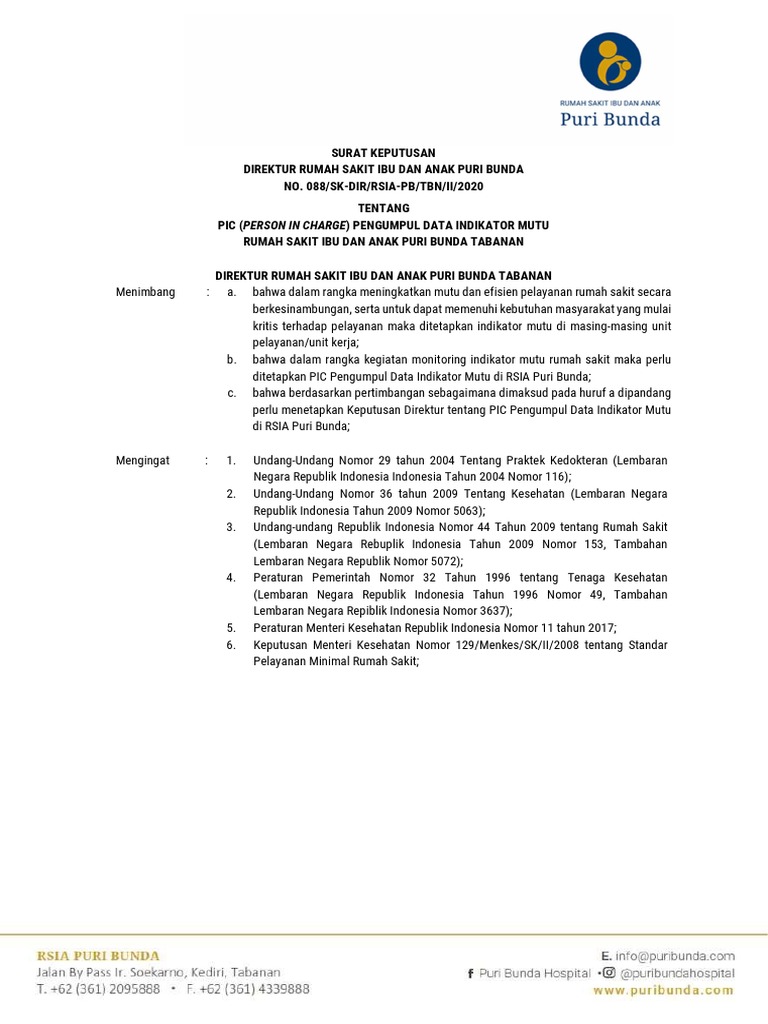 SK PIC Pengumpulan Data Indikator Mutu | PDF