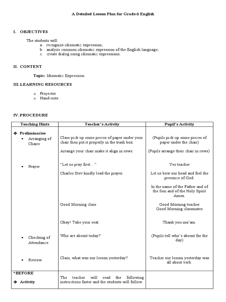 A Detailed Lesson Plan For English Grade 6 | PDF