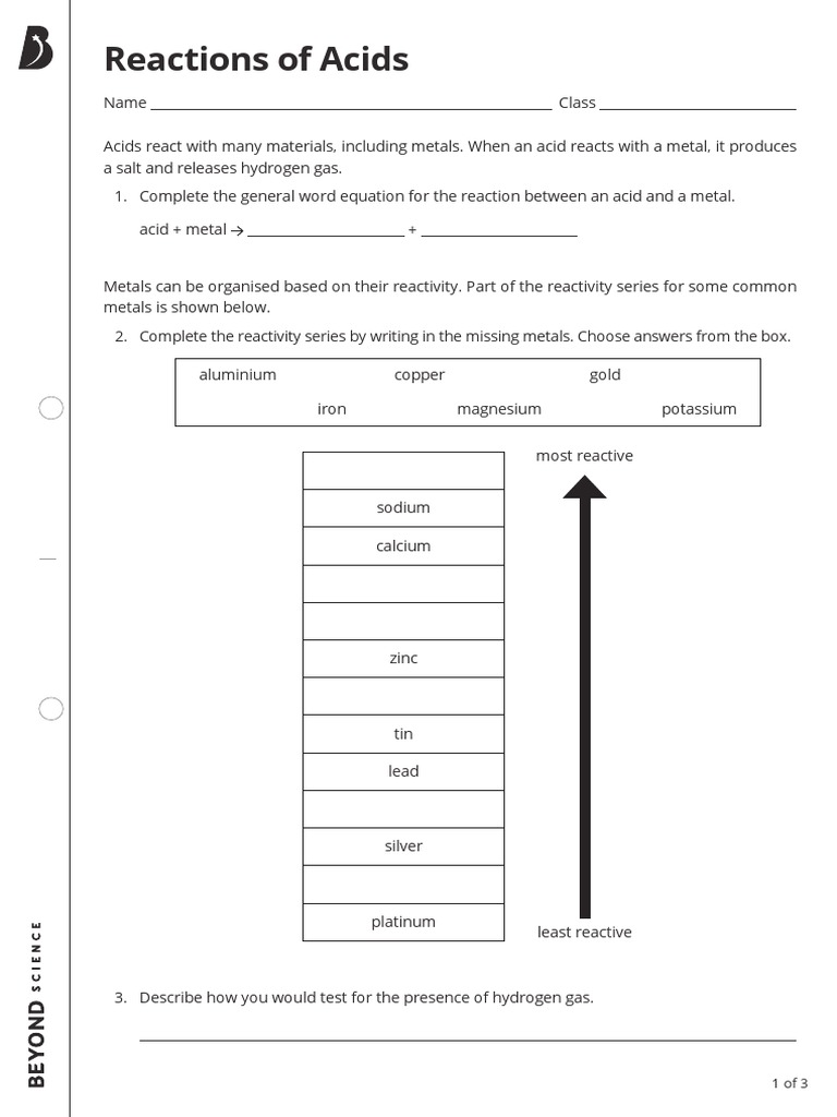 Reactions of Acids Homework Worksheet HA | PDF | Acid | Chemical Reactions