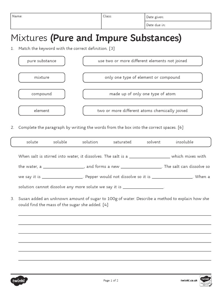 Mixtures Pure and Impure Substances Homework Activity Sheet - Ver - 2 ...