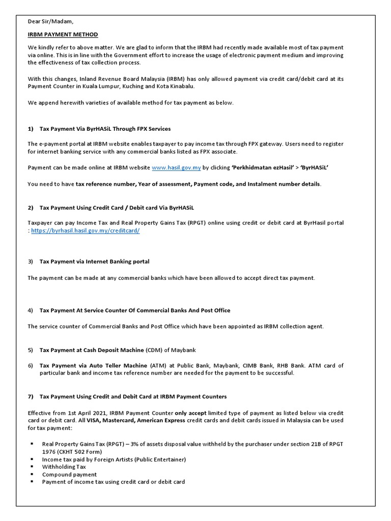 IRBM Payment Method As at 1 April 2022 | PDF | Payments | Debit Card