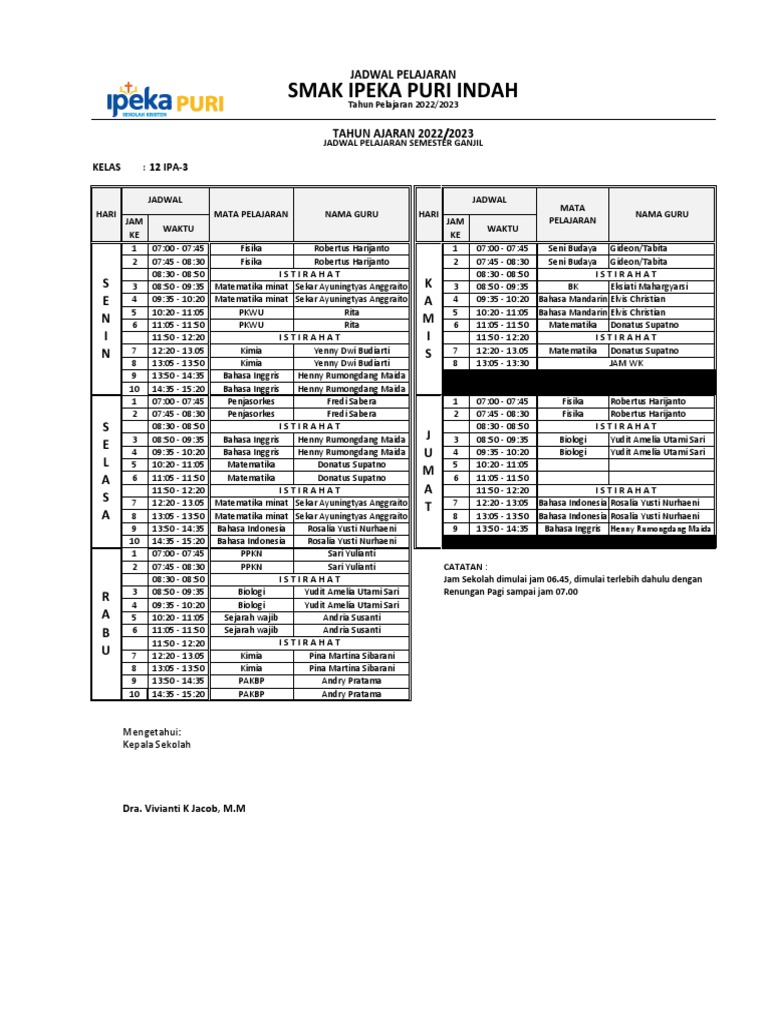 JADWAL PELAJARAN KELAS 12 IPA-3 SMAK IPEKA PURI INDAH SEMESTER GANJIL 2022/2023 | PDF