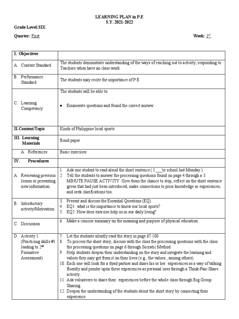 Pe Lesson Plan | PDF | Experience | Learning