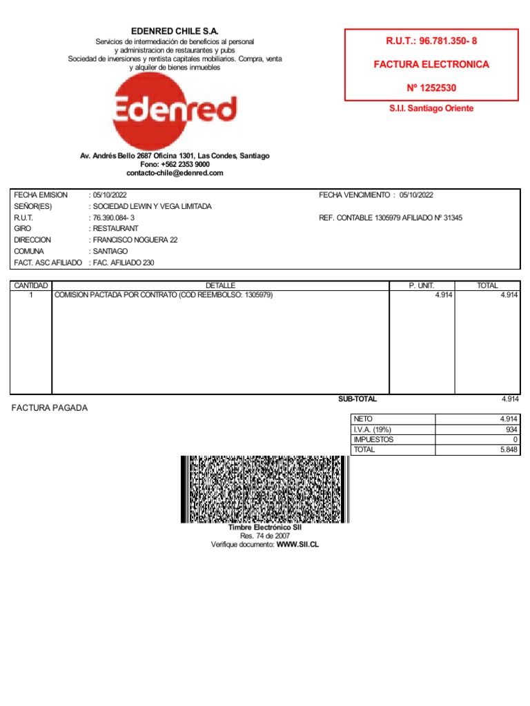 Edenred Chile S.A.: R.U.T.: 96.781.350-8 Factura Electronica #1252530 | Descargar gratis PDF ...