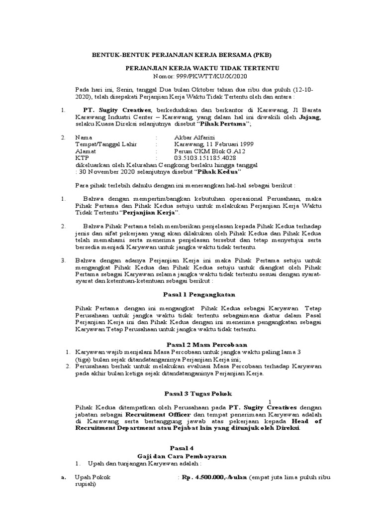Perjanjian Kerja PT Sugity Creatives | PDF