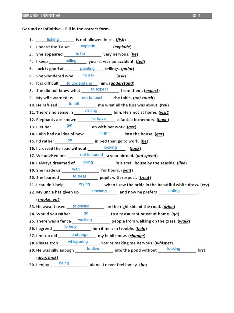 Gerund or Infinitive - Fill in the Correct Form: An Exercise on Using ...