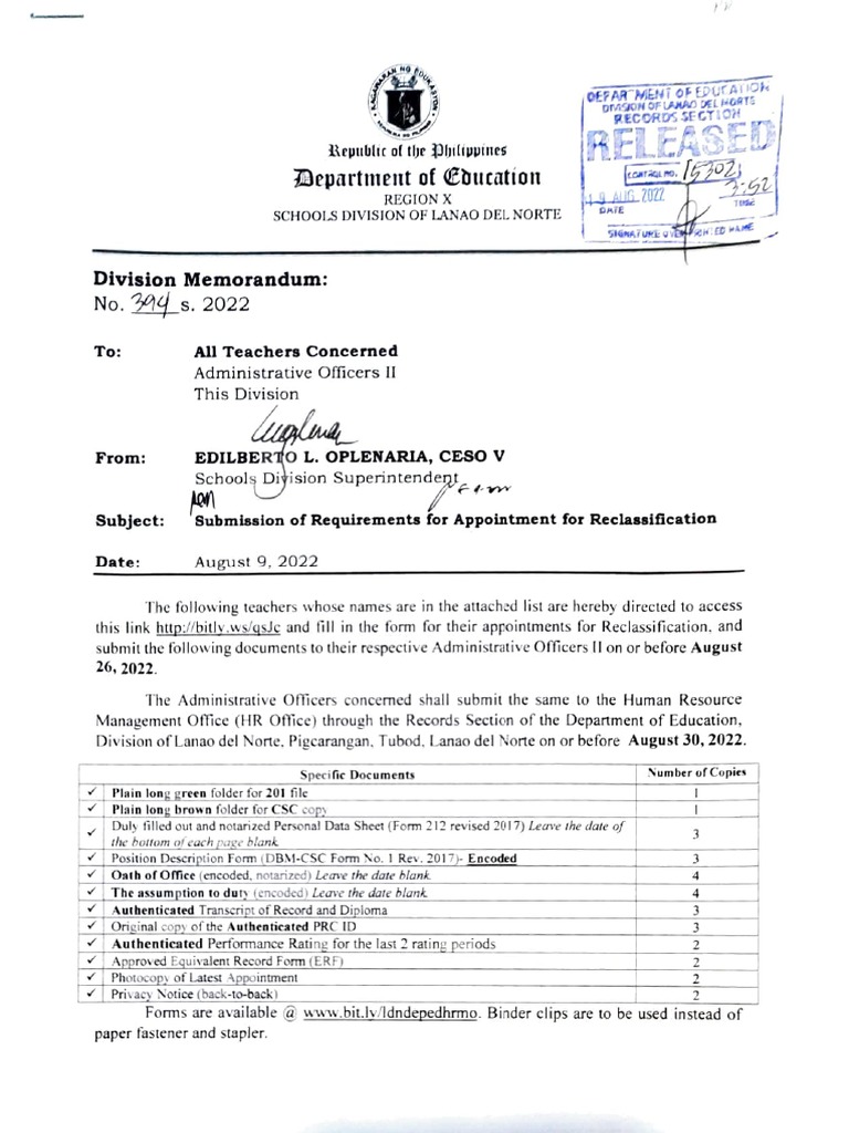 Submission of Requirements For Appointment For Reclassification | PDF ...
