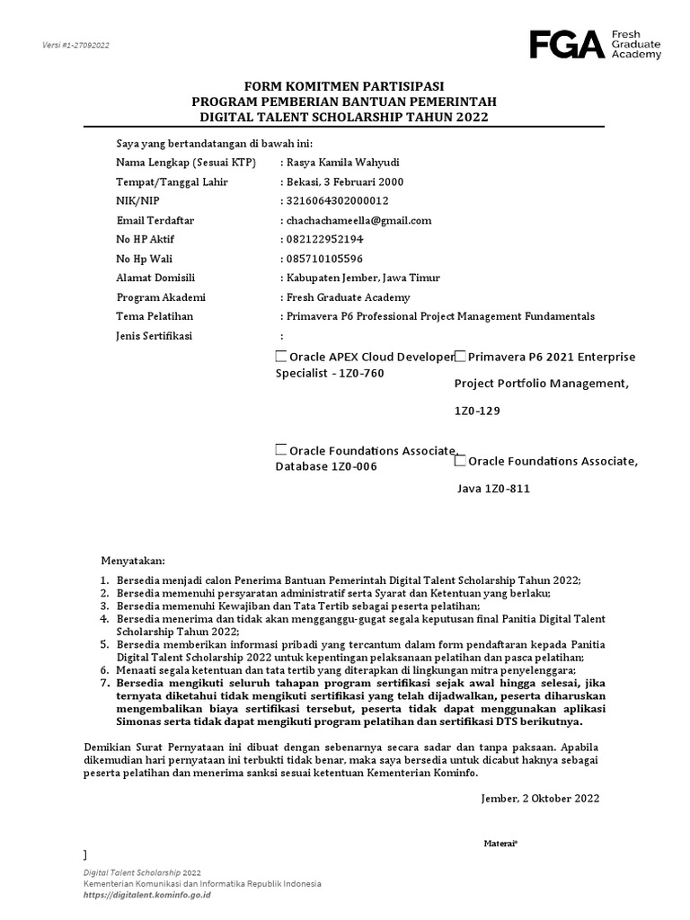 Form Komitmen Sertifikasi FGA Mitra Oracle | PDF
