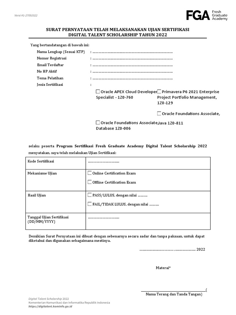 Template LPJ Sertifikasi FGA Mitra Oracle | PDF