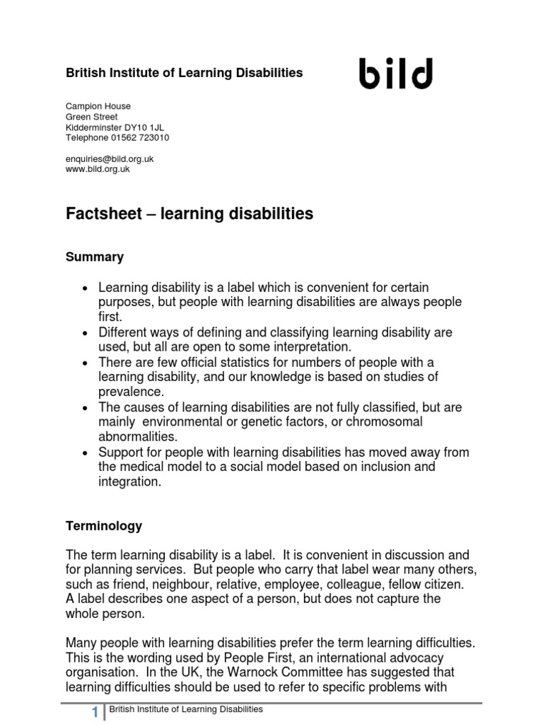 Factsheet Learning Disabilities | PDF | Intellectual Disability ...