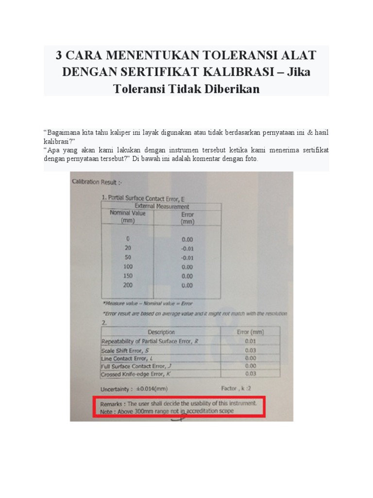 3 Cara Menentukan Toleransi Alat Dengan Sertifikat Kalibrasi | PDF
