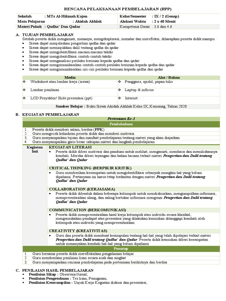RPP II Akidah Akhlak IX SEM 2 | PDF