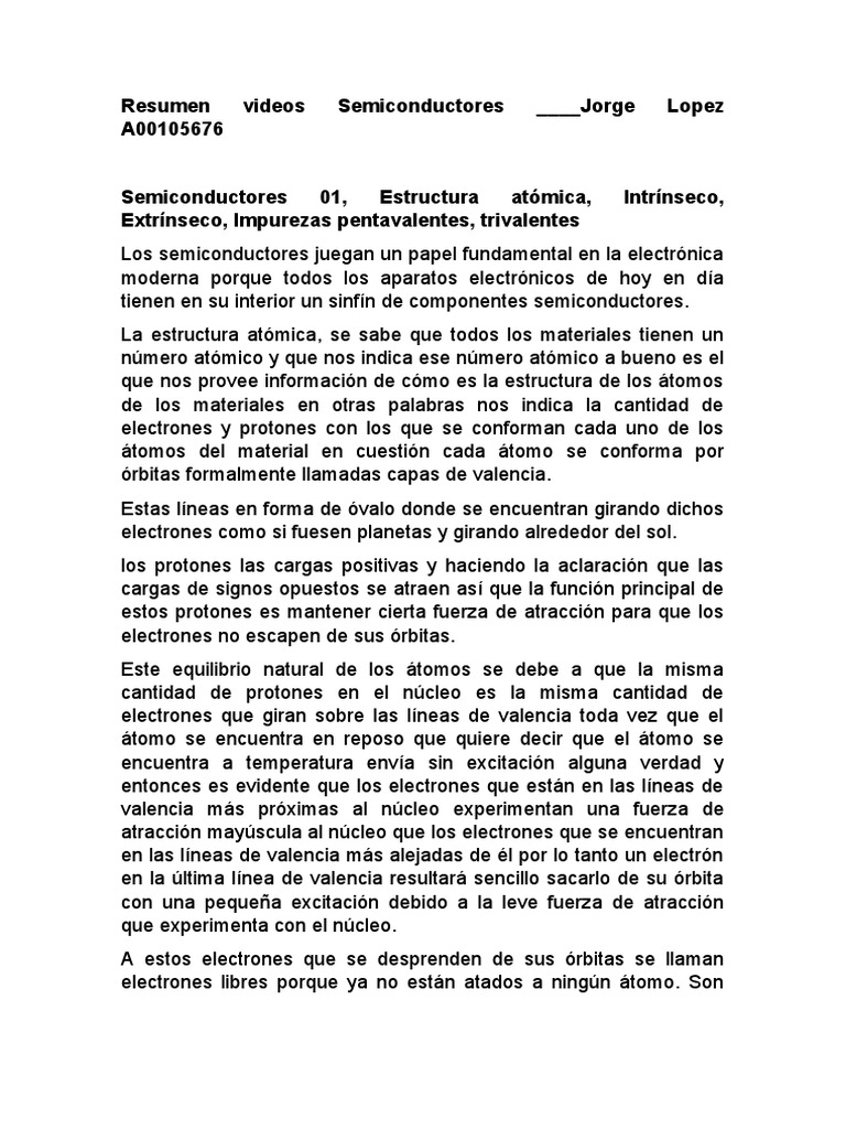 Resumen Videos Semiconductores | PDF | Semiconductores | Unión PN