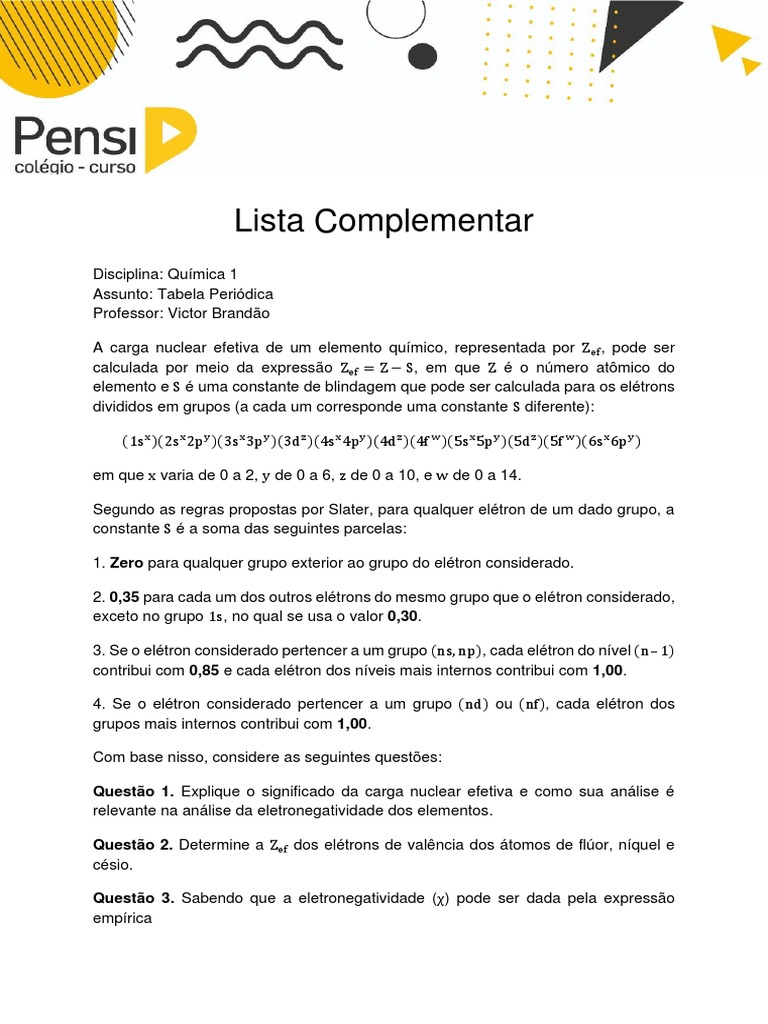 Tabela Periódica - Regra de Slater | PDF