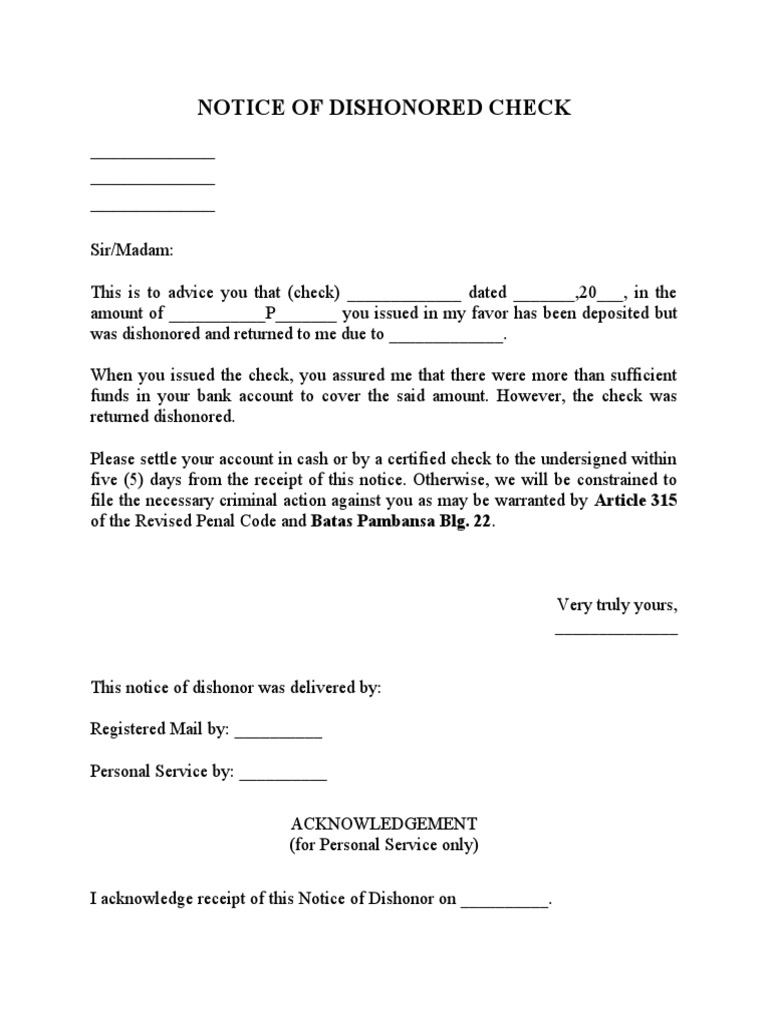 Notice of Dishonored Check | PDF