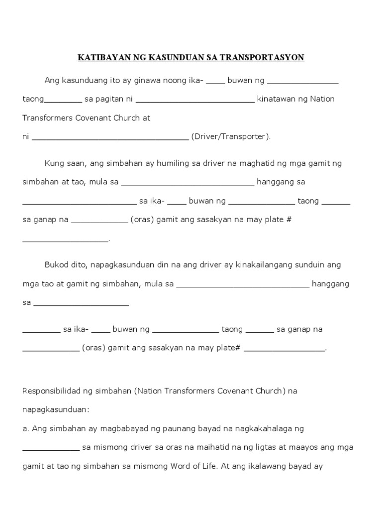Katibayan NG Kasunduan Sa Transportasyon | PDF