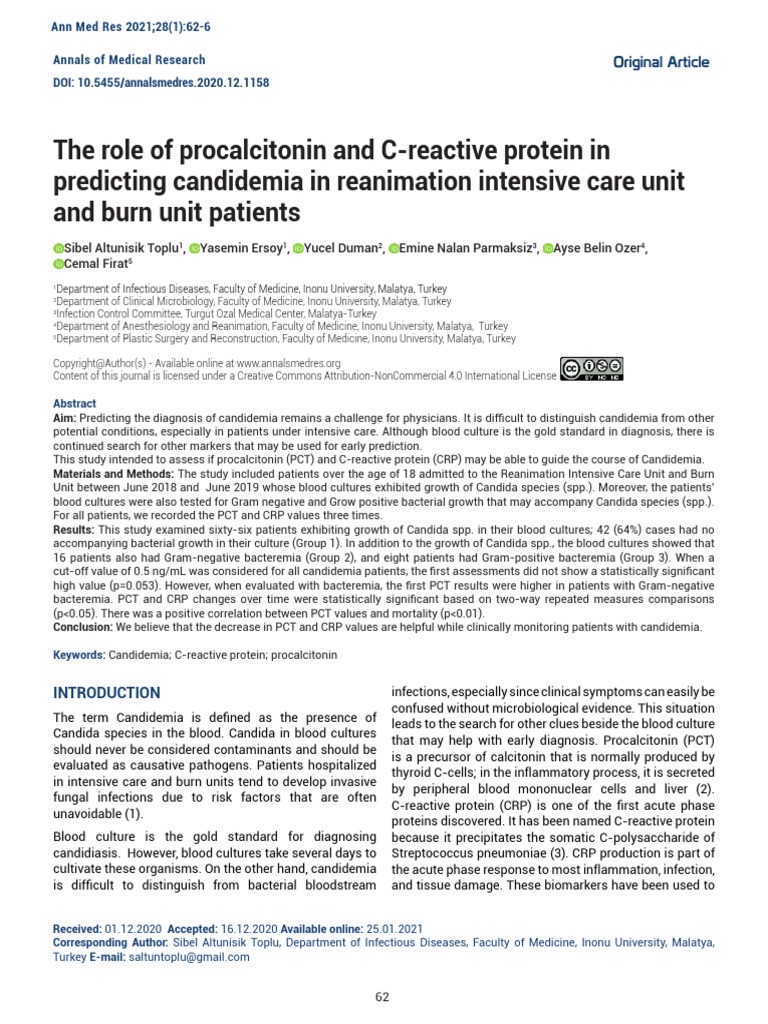 The Role Of Procalcitonin And C Reactive Protein In Predicting Candidemia In Reanimation