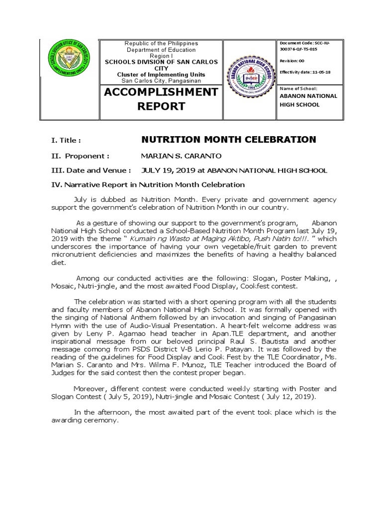 Accomplishment Report in Nutrition Month | PDF | Food And Drink | Nutrition
