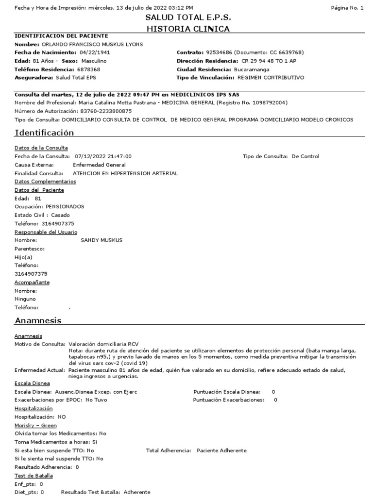 Salud Total E.P.S. Historia Clinica | PDF | Hipertensión | Enfermedades y trastornos