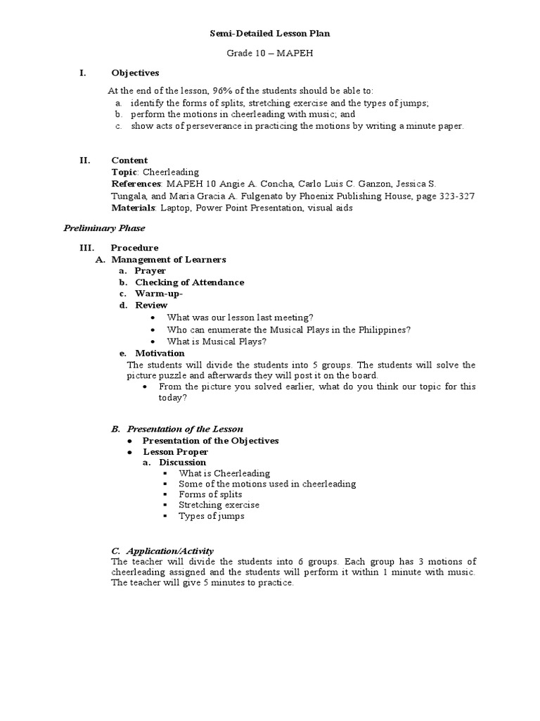 Cheerleading (Semi Detailed) | PDF | Cheerleading | Lesson Plan