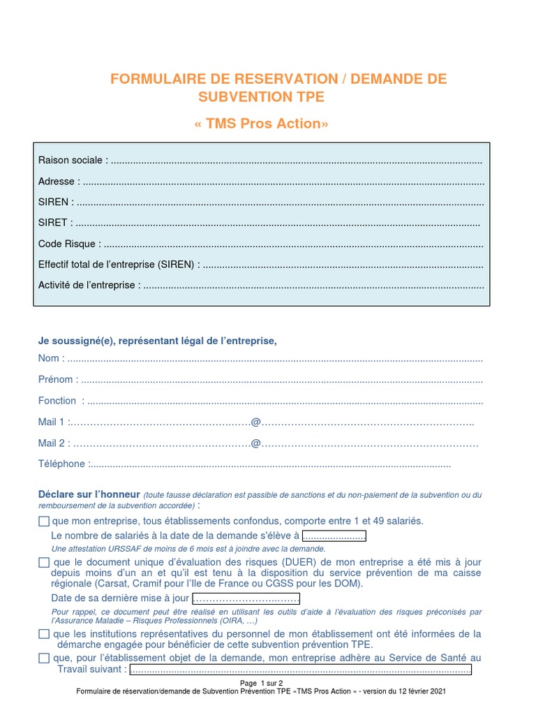 Formulaire Demande Sptpe Tms Pros Action - Assurance Maladie | PDF
