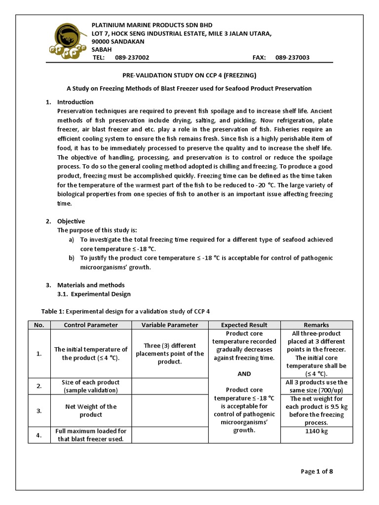 Pre-Validation Study On CCP 4 (Freezing) | PDF | Food Preservation ...