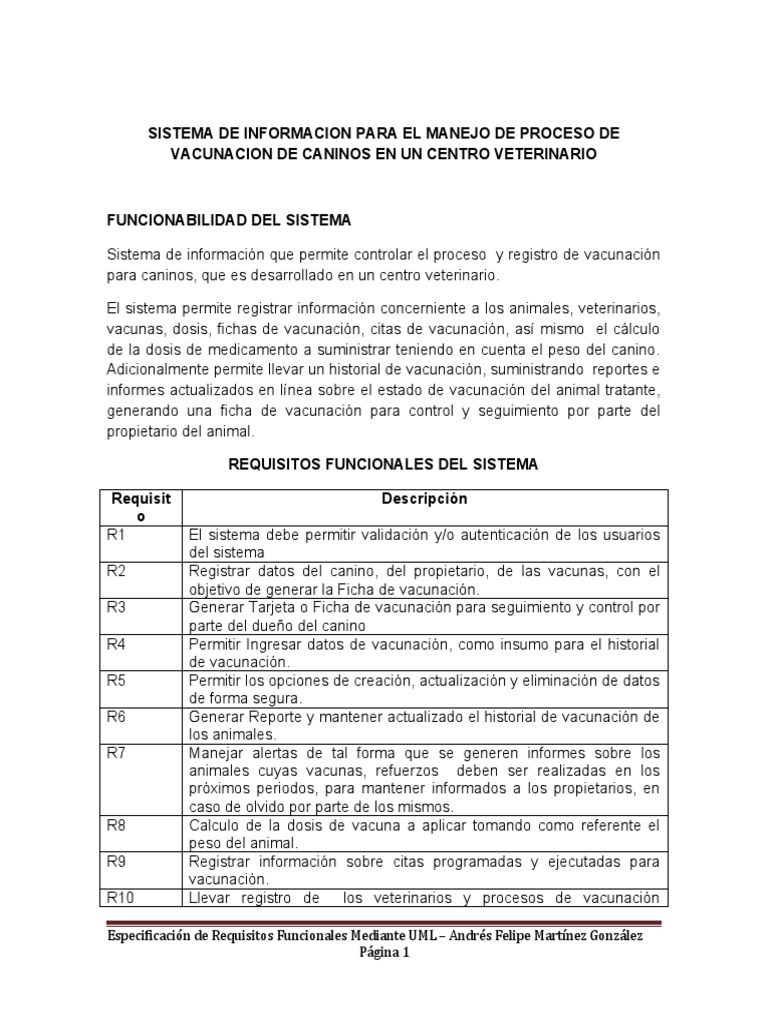 Documento Requerimientos Historial Vacunacion Caninos Uml Pipe | PDF ...