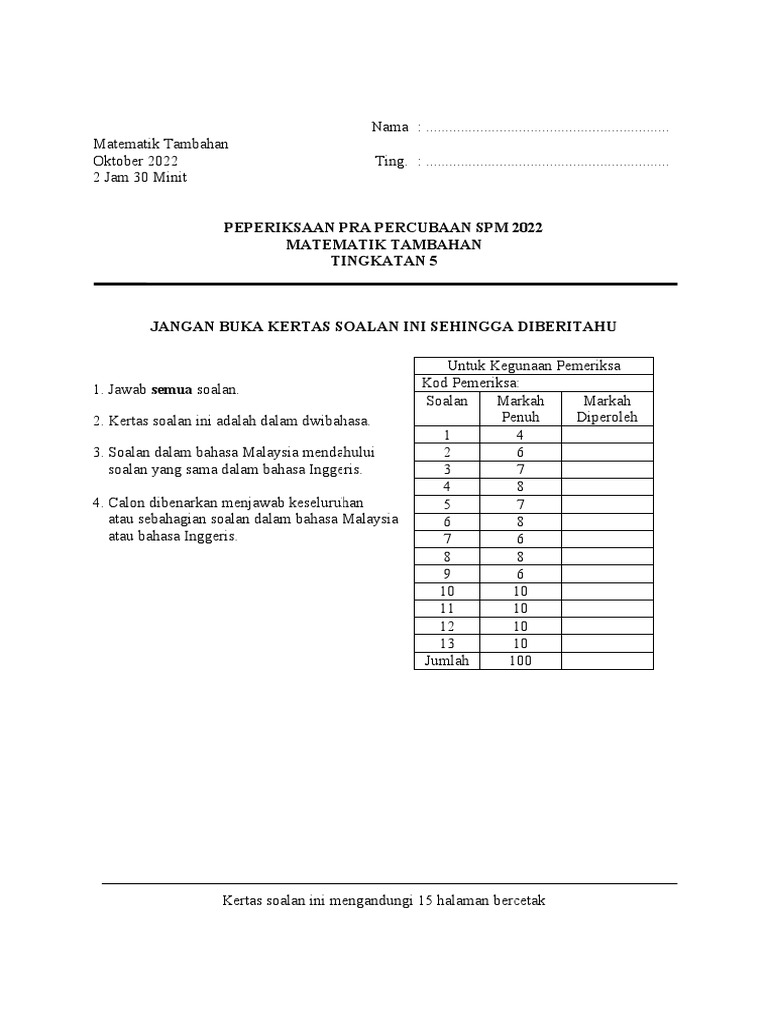 Matematik Tambahan Tingkatan 4 Kertas 1 | PDF
