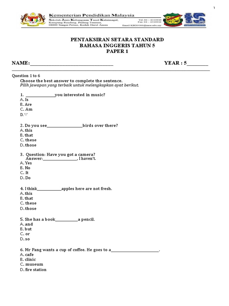 P1 Y5 Formative Test 1 Pdf Sandwich Foods
