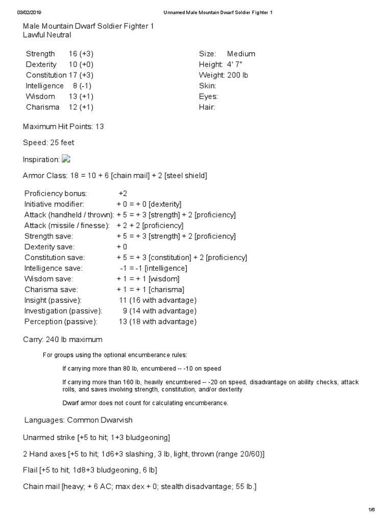 D&D Mountain Dwarf Fighter Stats | PDF | Dwarf (Dungeons & Dragons)