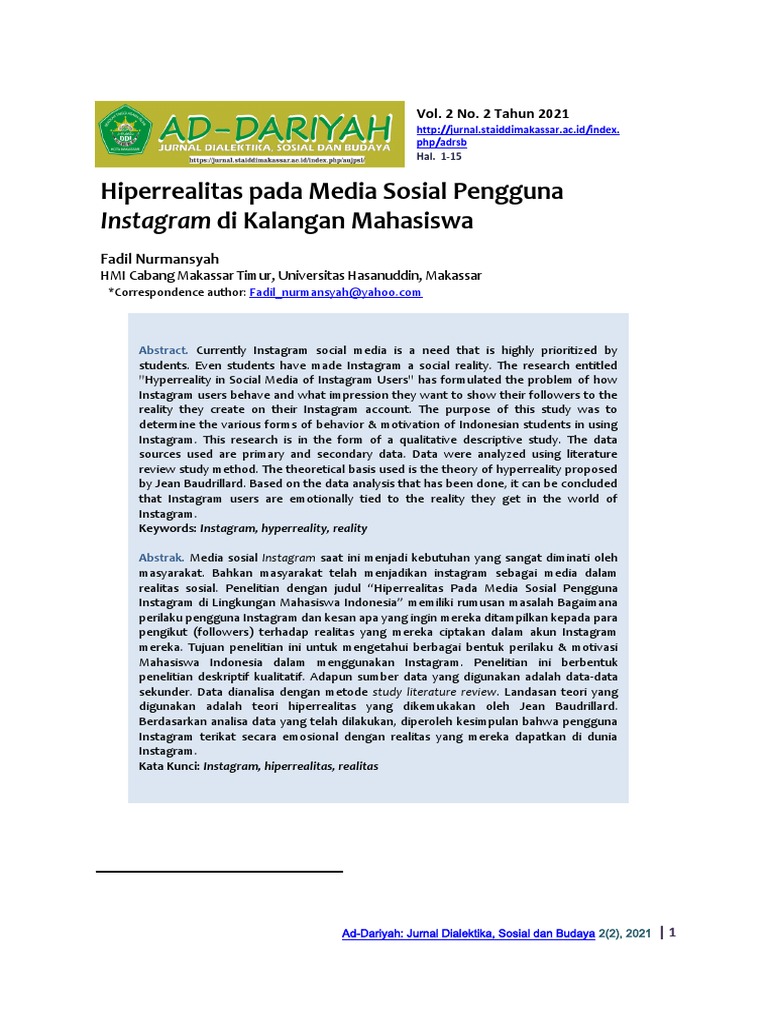 Hiperrealitas Pada Media Sosial Pengguna: Instagram Di Kalangan Mahasiswa | PDF