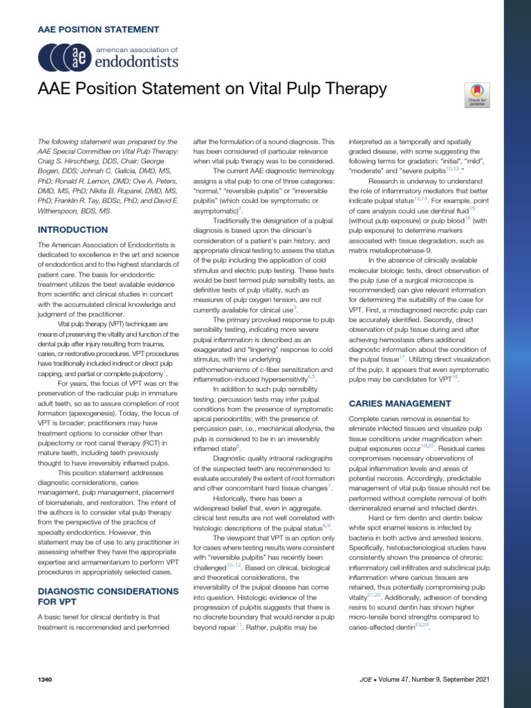 AAE Position Statement On Vital Pulp Therapy | PDF | Medicine | Dentistry