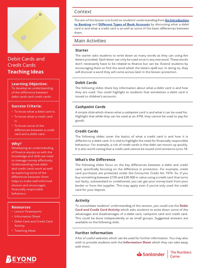 Debit Cards and Credit Cards - Teaching Ideas | PDF
