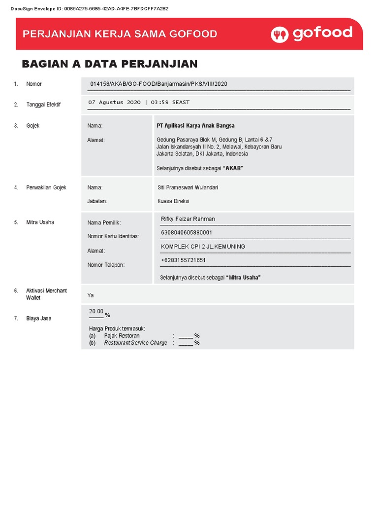 DOCUSIGN - Perjanjian Kerja Sama GoFood - Perjanjian Kerjasama Pemanfaatan Layanan GoPay ...