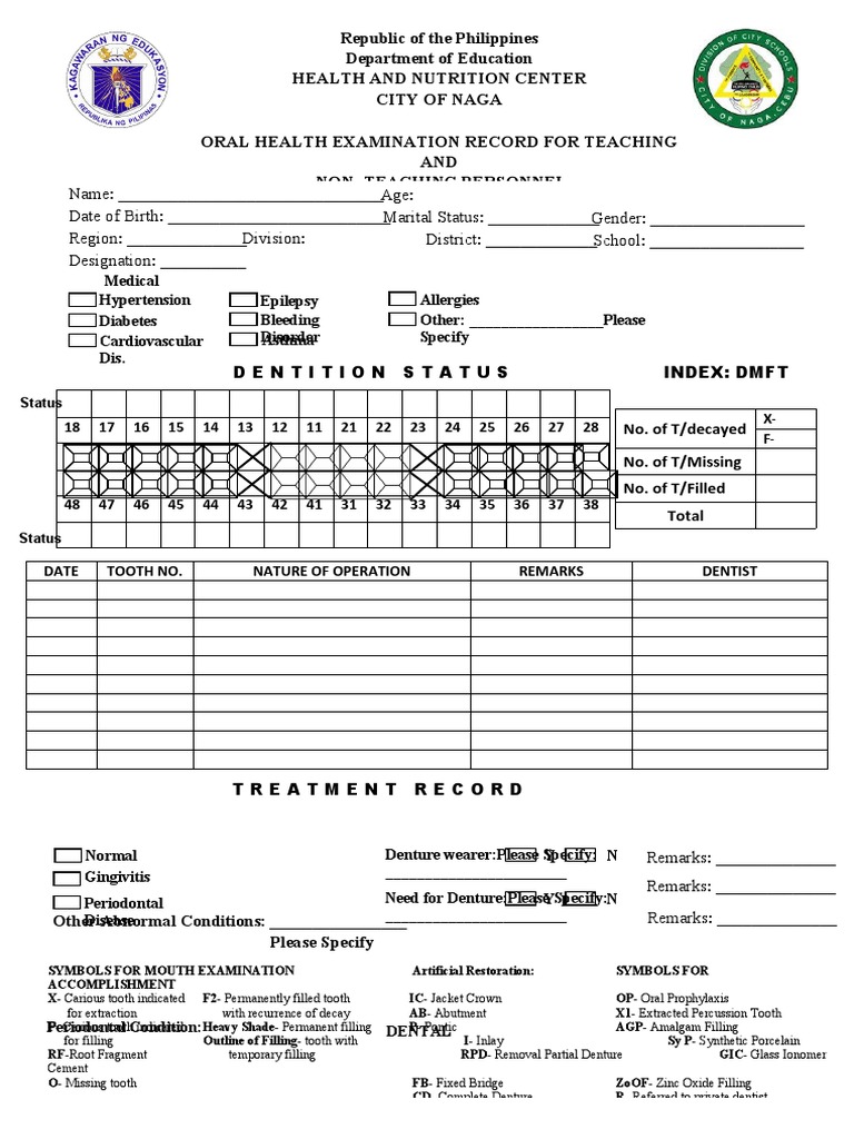 Oral Health Examination Record For Teaching and Non Teaching Personnel ...