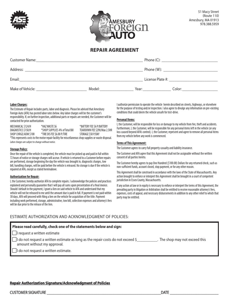 Car Repair Agreement | PDF | Guarantee | Common Law