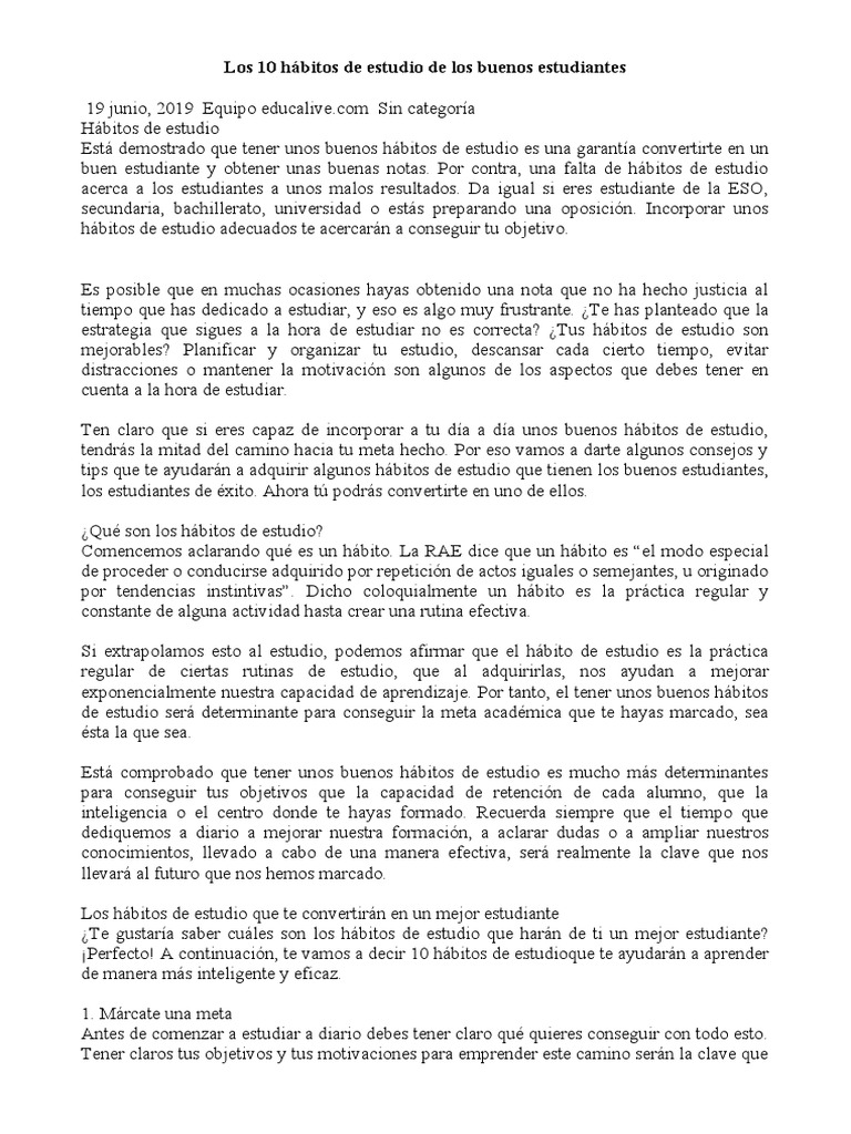 Los 10 Hábitos de Estudio de Los Buenos Estudiantes | PDF | Aplicación ...